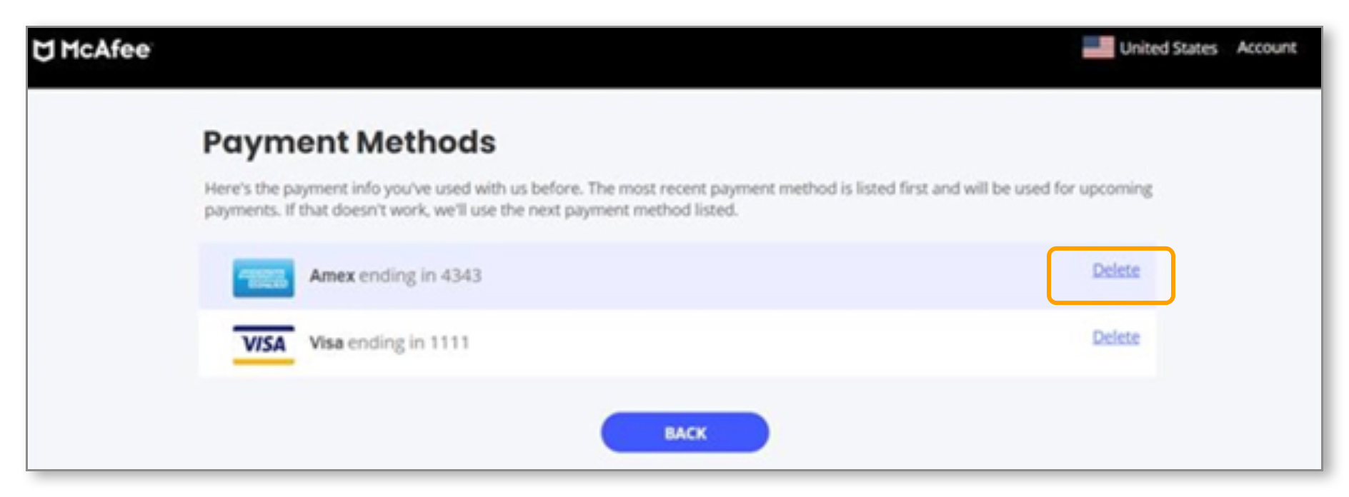 Update or delete the credit card on your McAfee account | McAfee Support