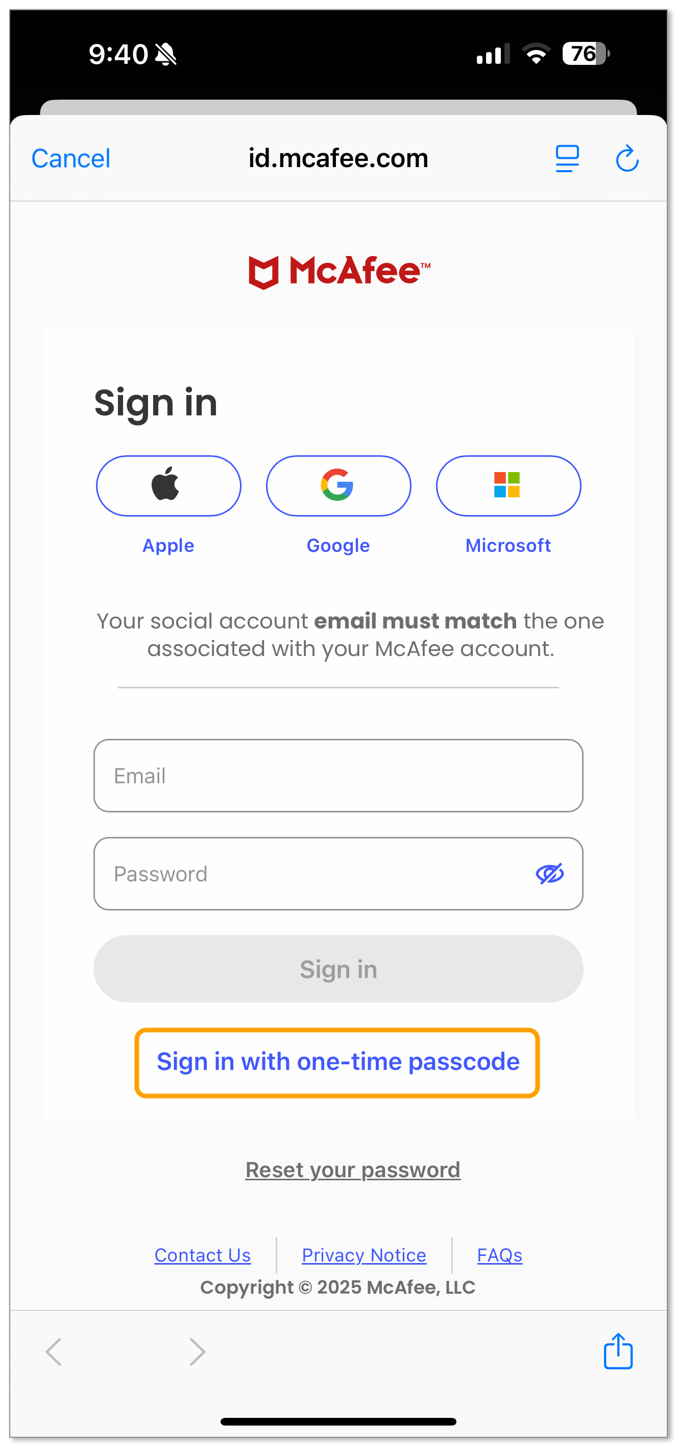 Sign in to McAfee with a one-time passcode | McAfee Support