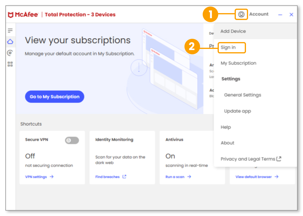 Sign in to McAfee with a one-time passcode | McAfee Support