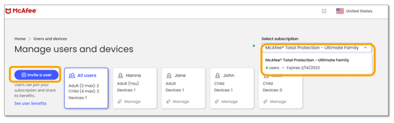 Share your McAfee+ Family plan subscription | McAfee Support